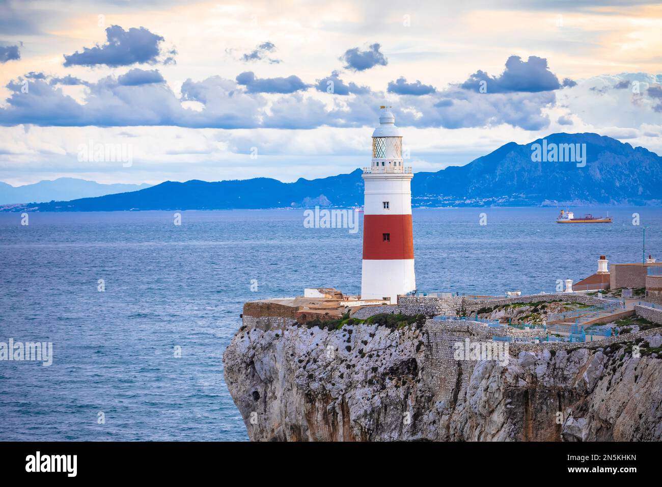 Europa Point Lighthouse in Gibraltar and Africa coastline view ...