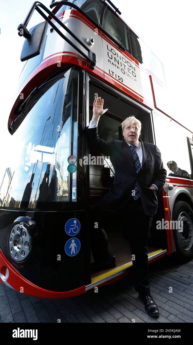 Boris Johnson the Mayor of London, poses by a routemaster bus, during ...