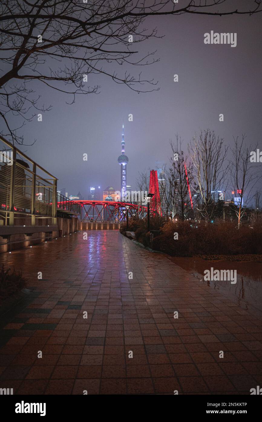 A vertical shot of the Waibaidu Bridge on Suzhou Creek overseeing ...