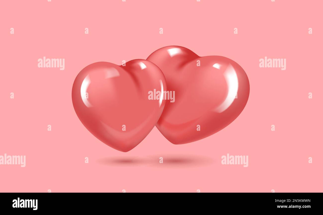 Valentine's Day. Red pair of hearts. Realistic 3d design, two hearts ...
