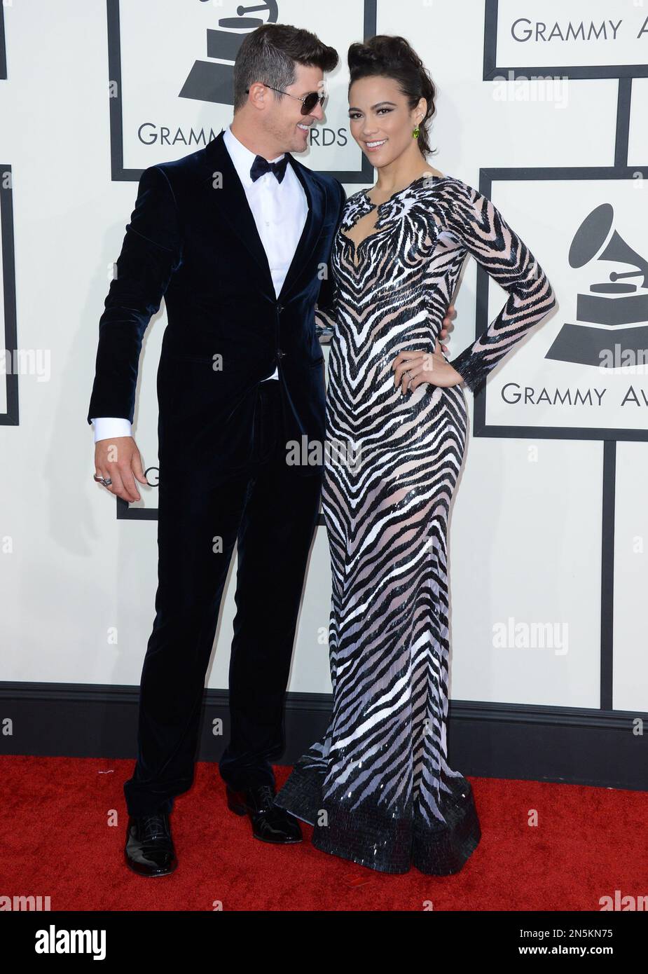 Robin Thicke and Paula Patton arrive at the 56th annual GRAMMY Awards ...
