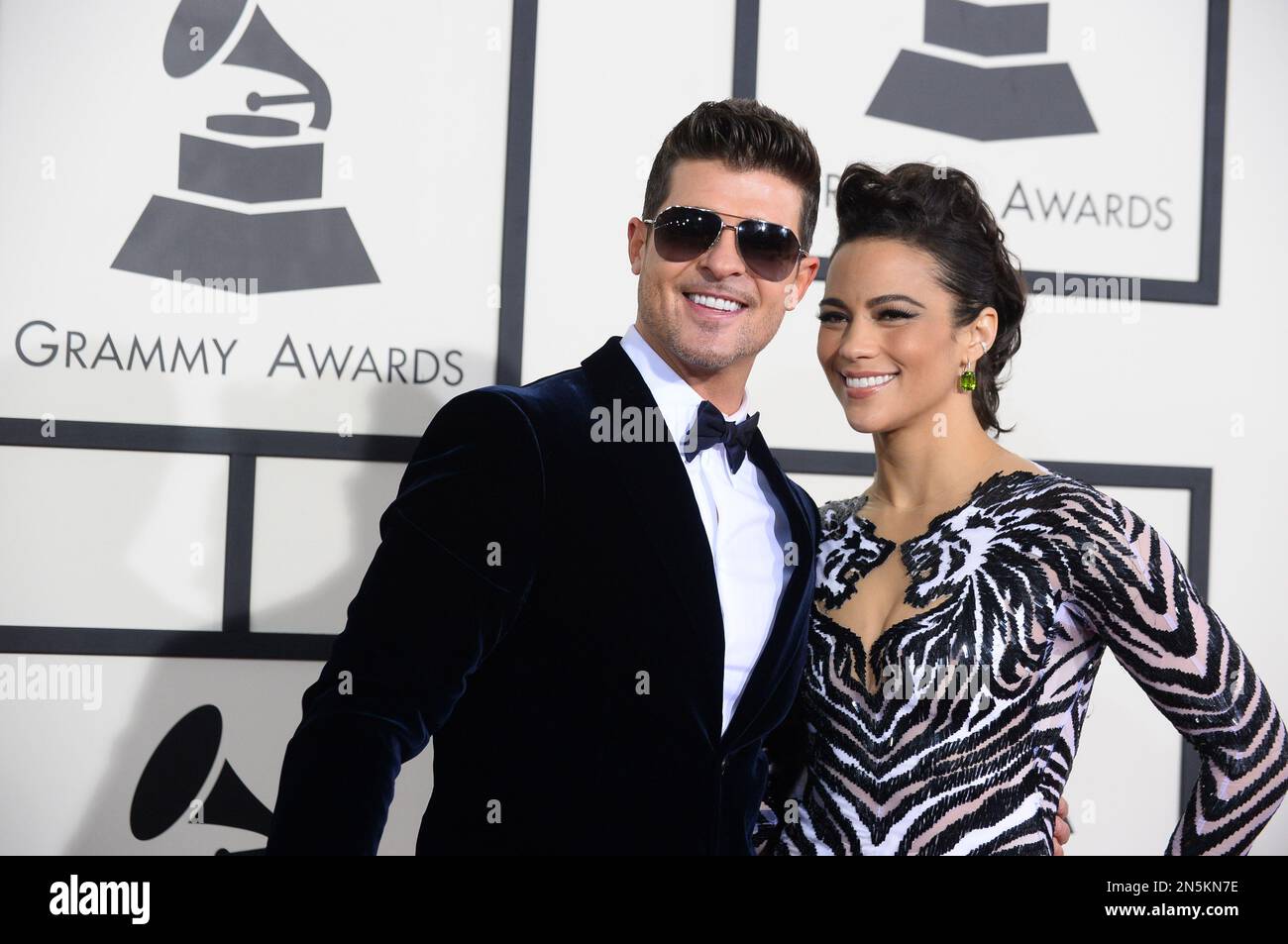 From left, Robin Thicke and Paula Patton arrive at the 56th annual ...