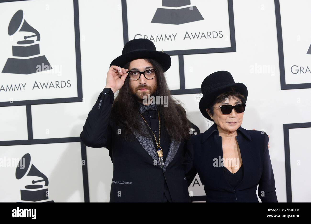 Sean Lennon Left And Yoko Ono Arrive At The 56th Annual Grammy Awards