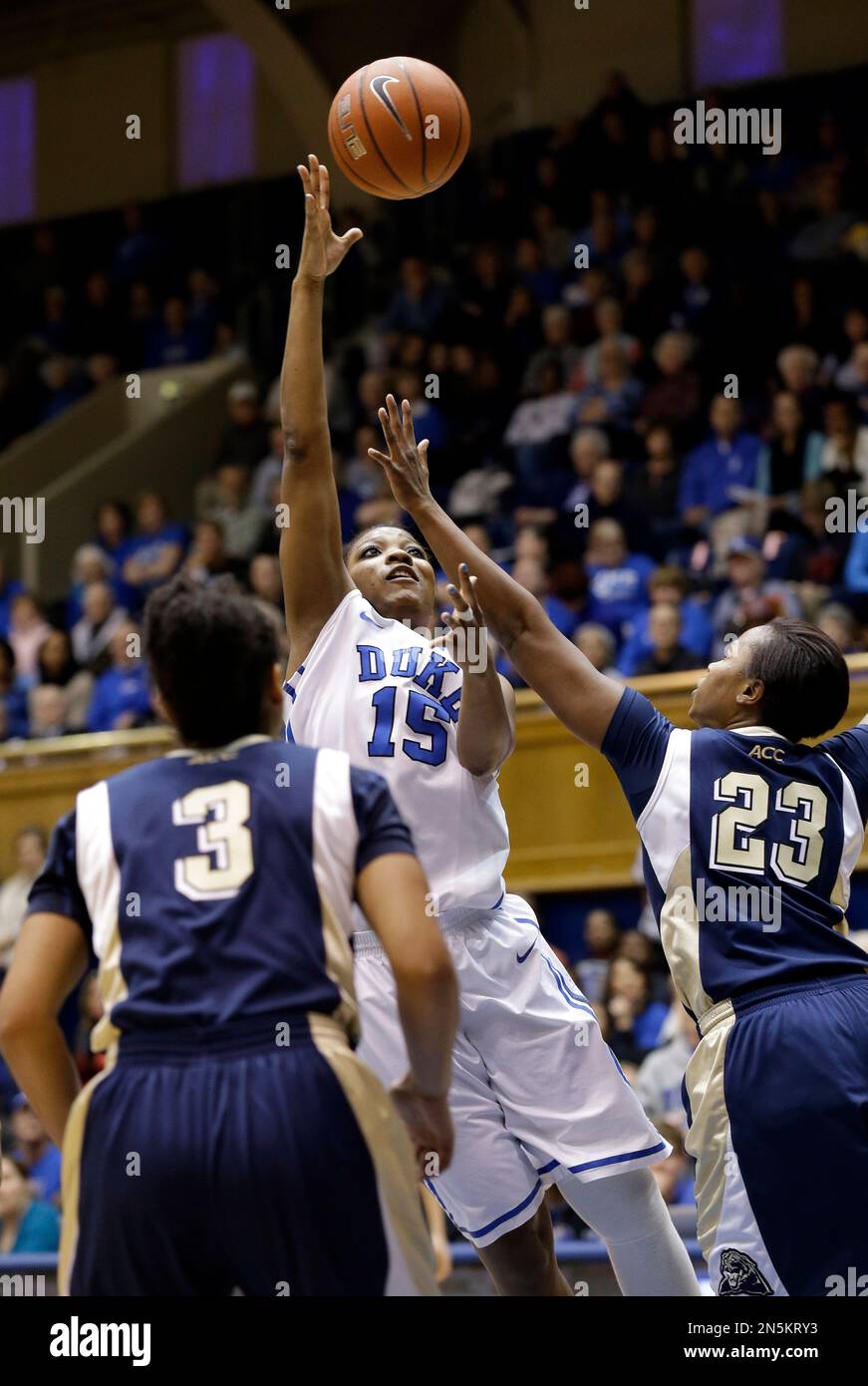 Duke's Richa Jackson (15) shoots as Pittsburgh's Brianna Kiesel (3) and ...