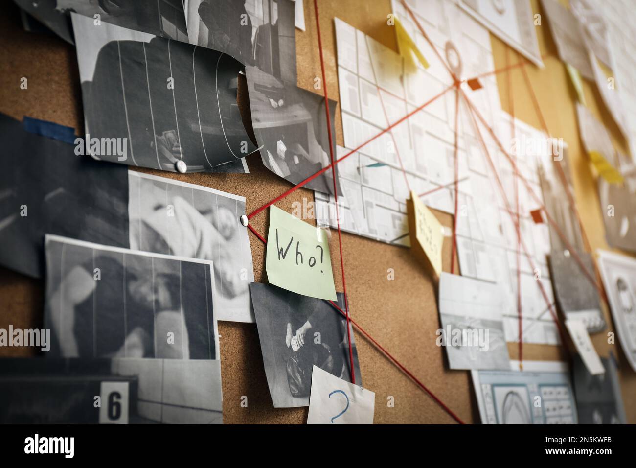 Detective board with sticker, crime scene photos and red threads ...