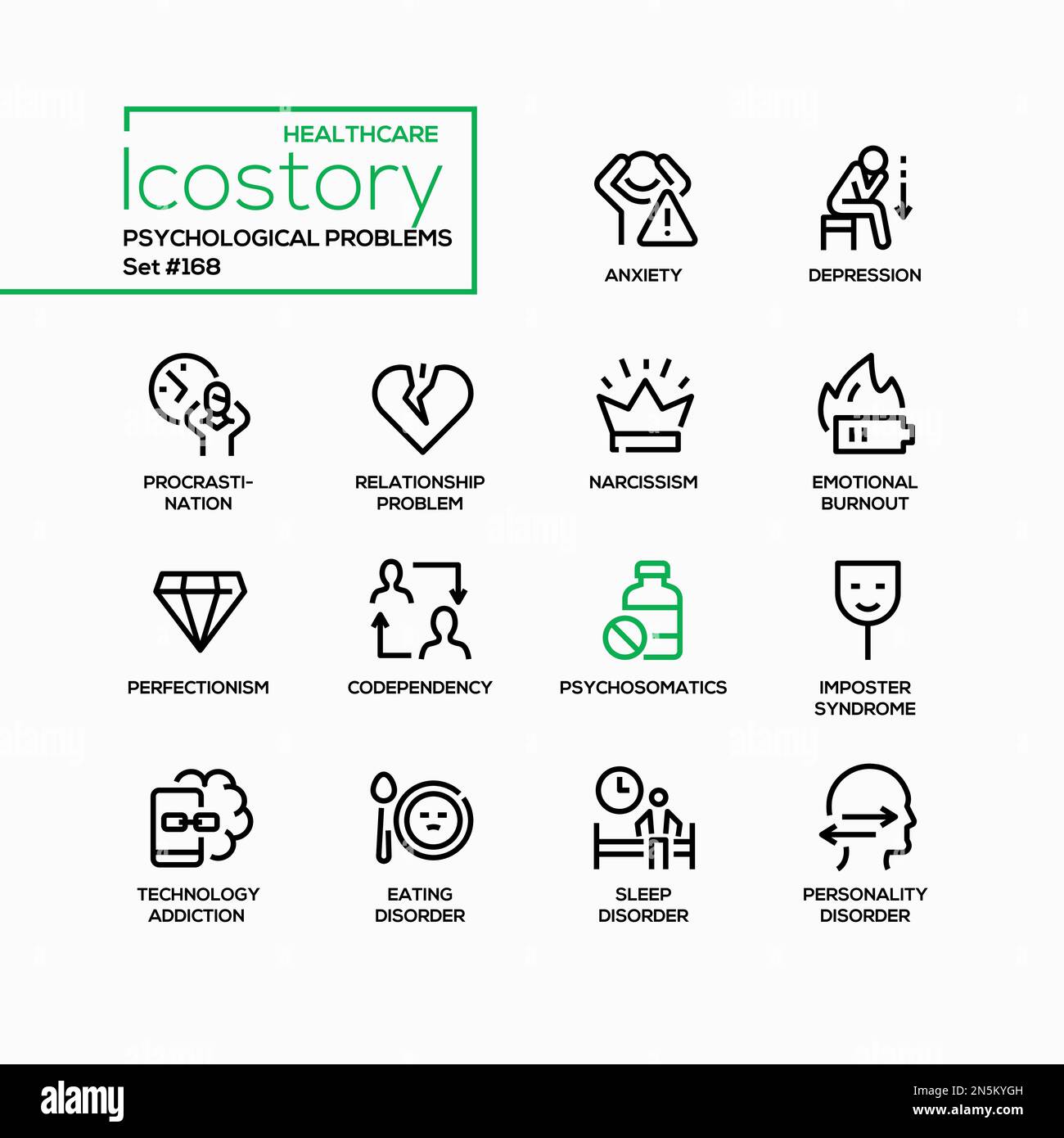 Psychological problems and emotions - line design style icons set Stock ...