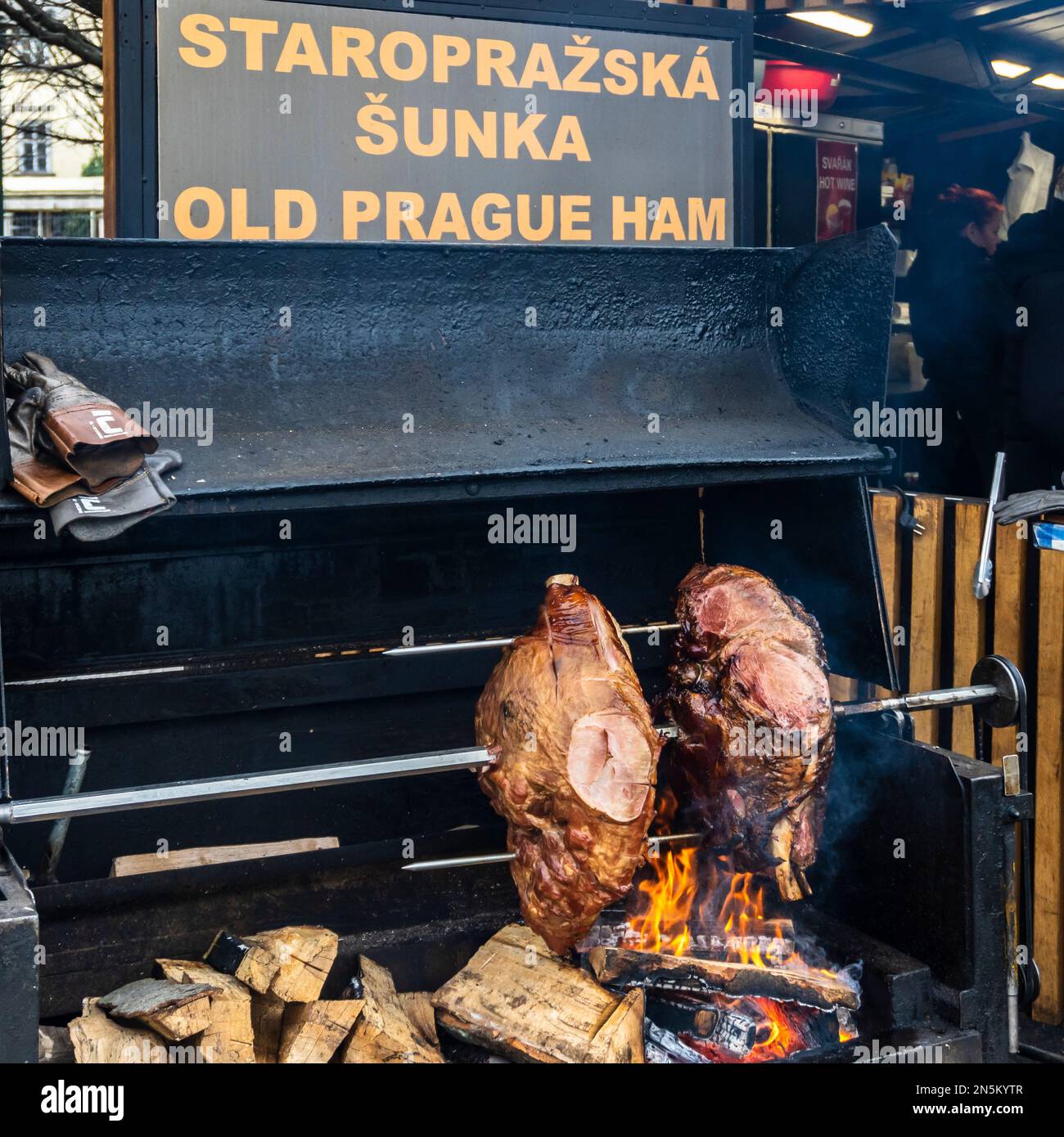 Two portions of Old Praue Ham cooked over an open log fire in Prague ...