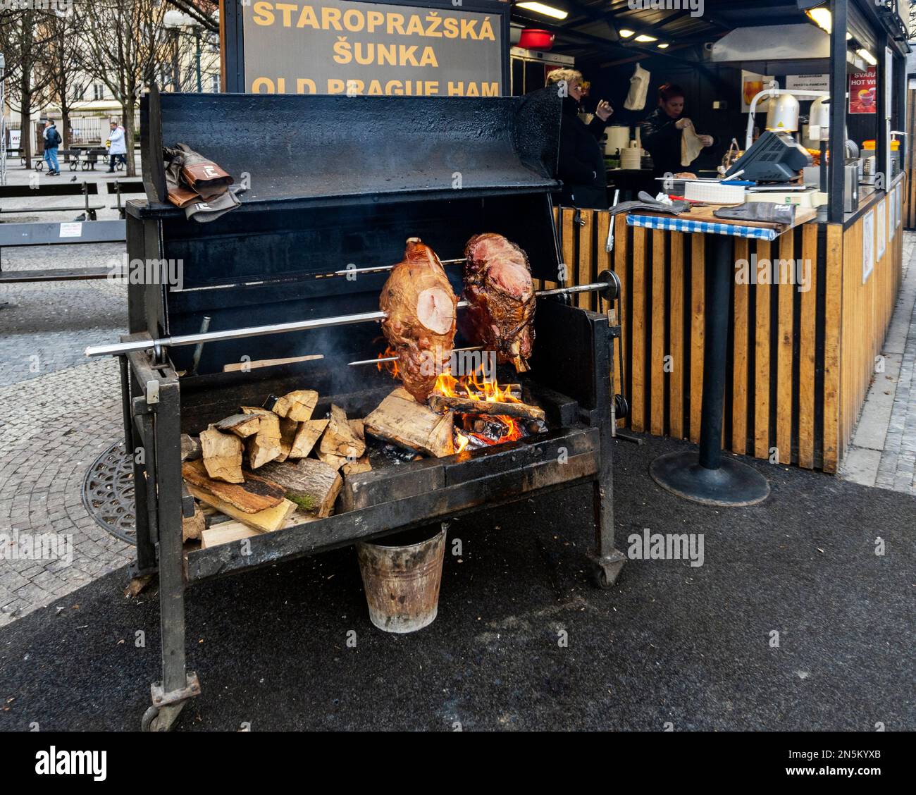 Two portions of Old Praue Ham cooked over an open log fire in Prague ...
