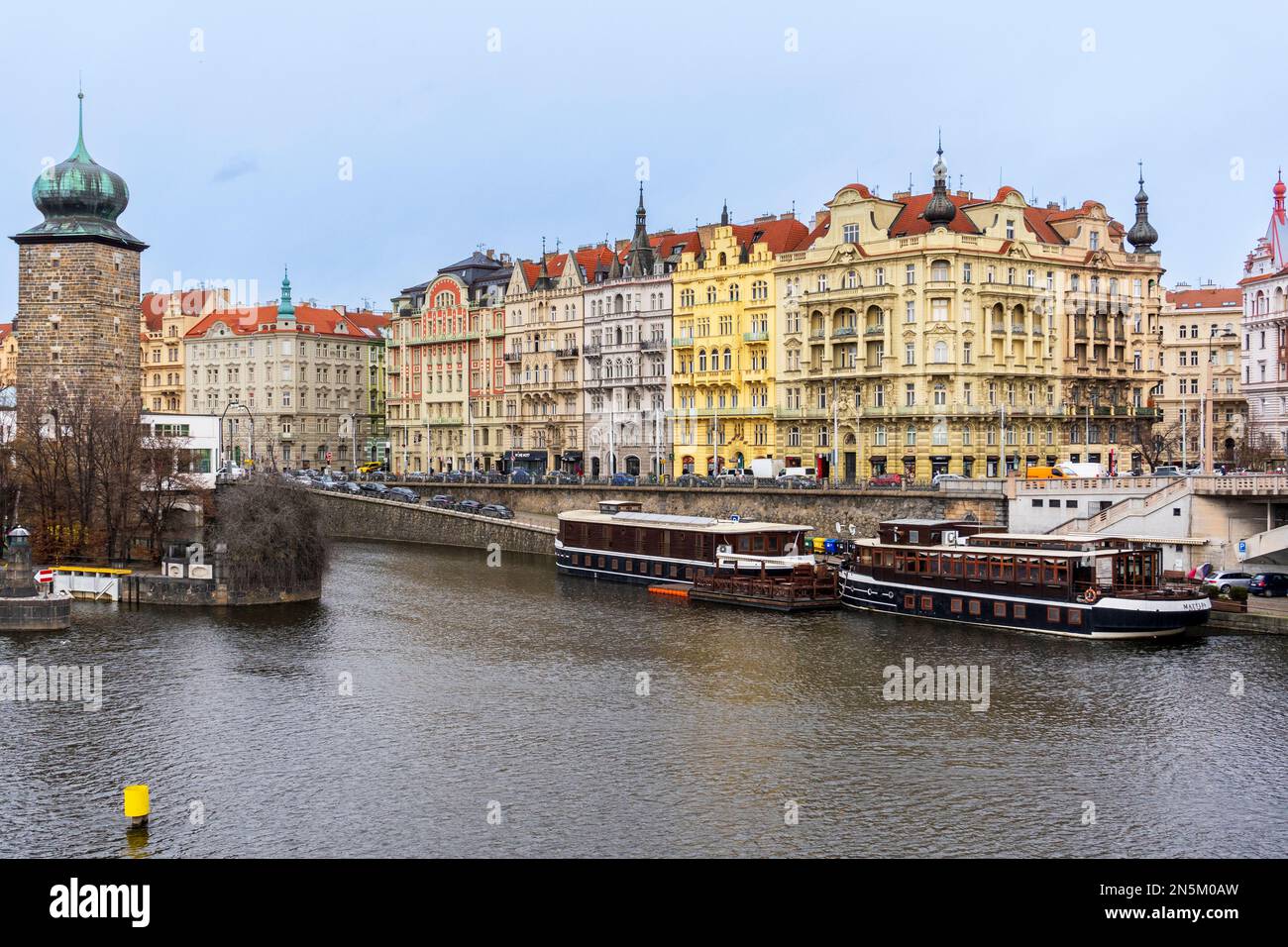 View across the River Vltava towards Masarykovo Nabr street showing the ...