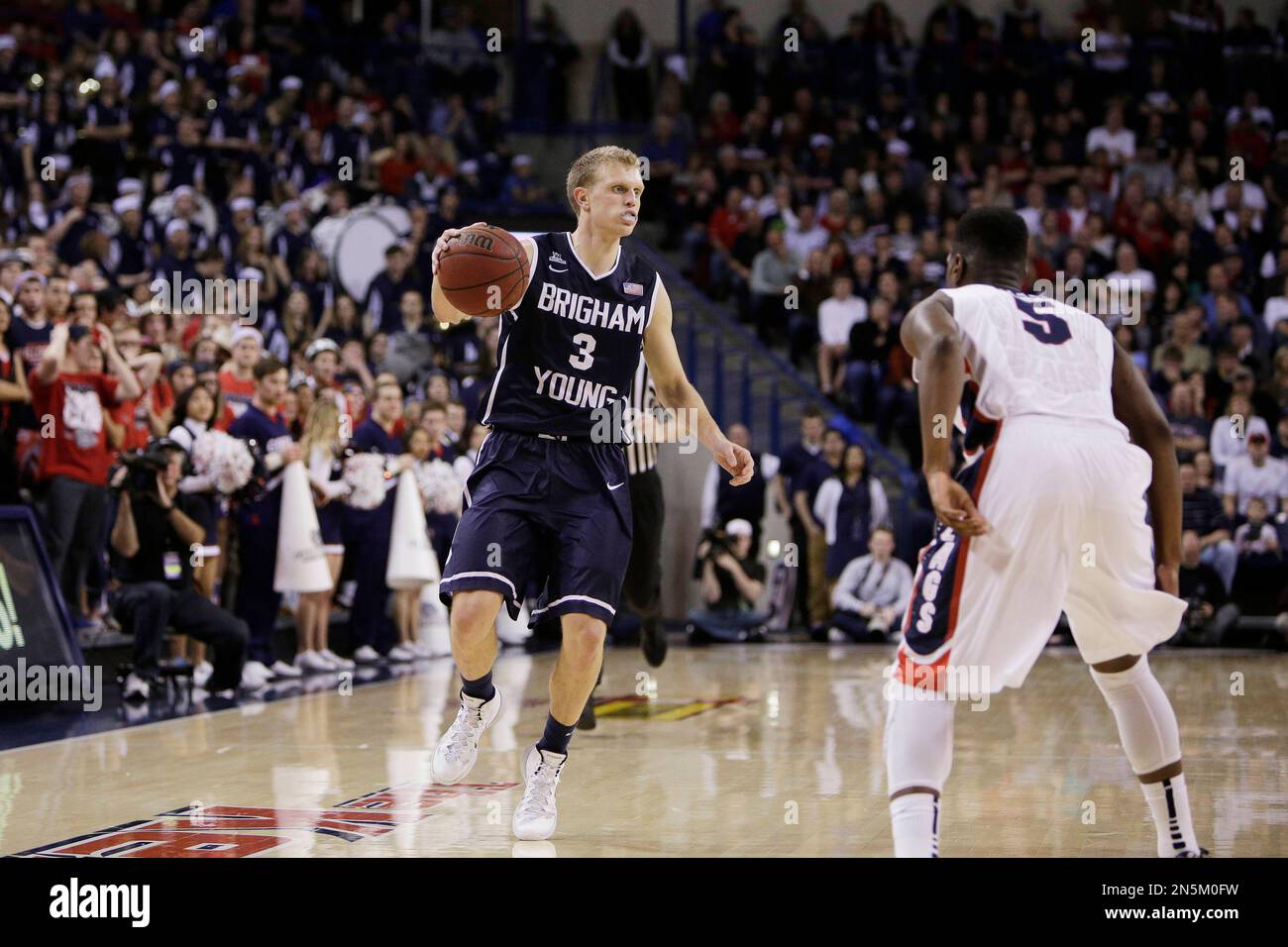 BYU's Tyler Haws (3) dribbles against Gonzaga's Gary Bell Jr. during ...