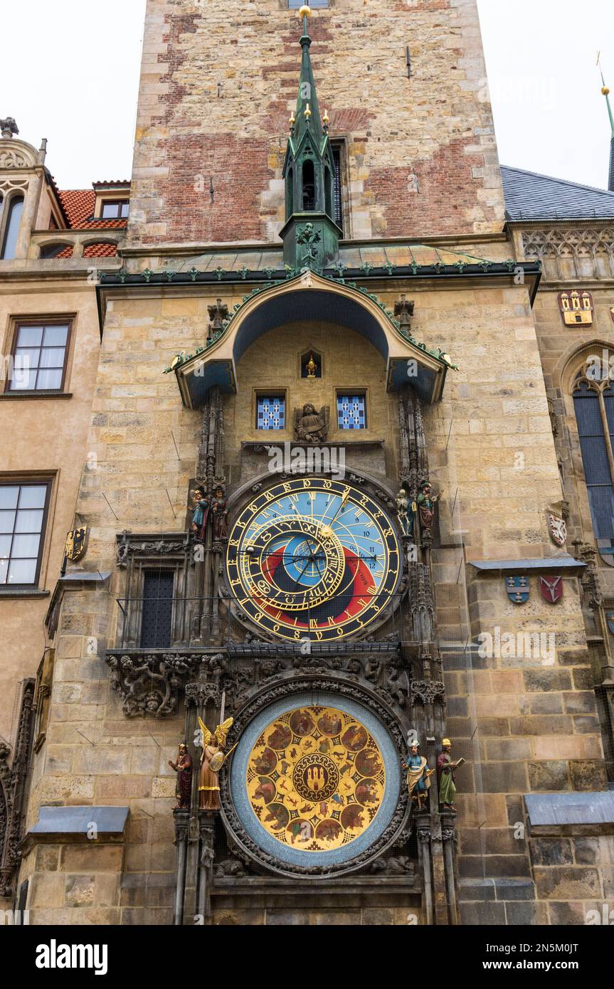 15th century (1410) tower of the Old Town Hall, Prague showing the 2 ...