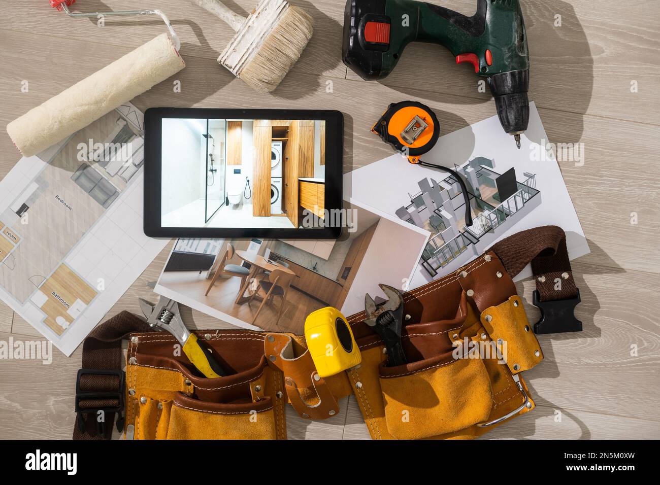 Tablet computer with architecture and construction tools and blueprints ...