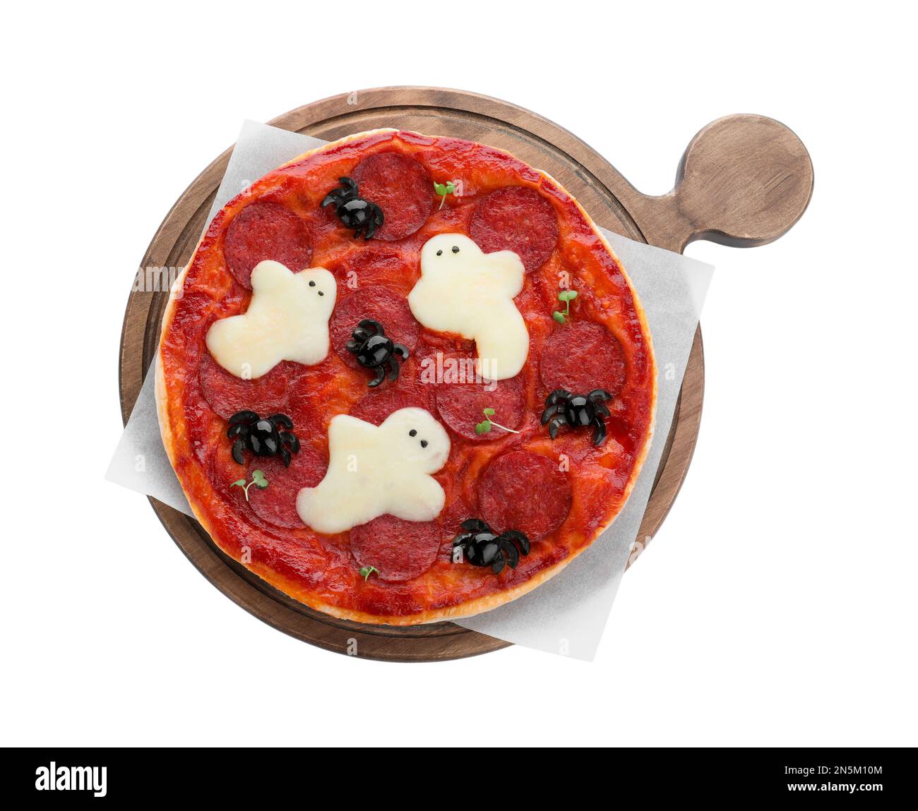 Cute Halloween pizza with ghosts and spiders on white background, top ...