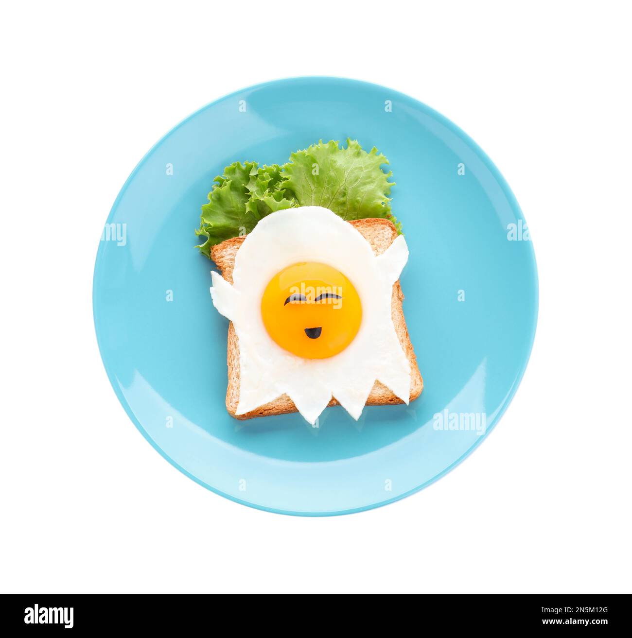 Halloween themed breakfast isolated on white, top view. Tasty toast ...