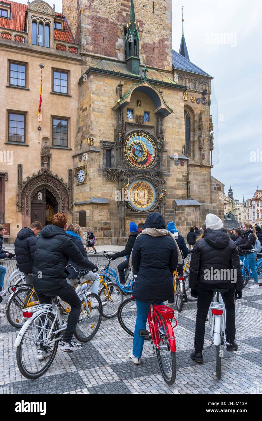 15th century (1410) tower of the Old Town Hall, Prague showing the 2 ...