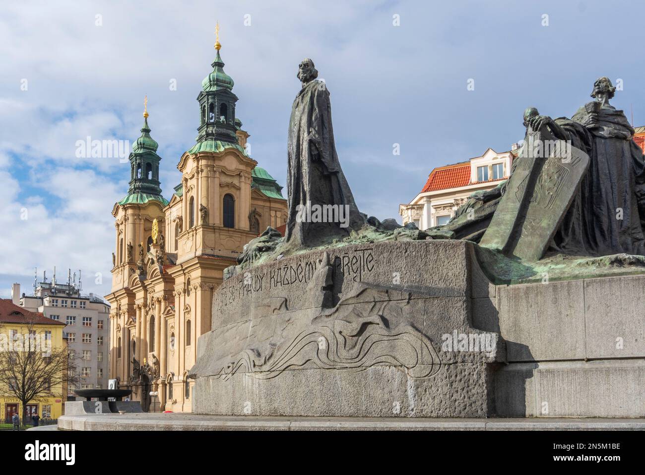 The Jan Hus Memorial stands at one end of Old Town Square, Prague in ...