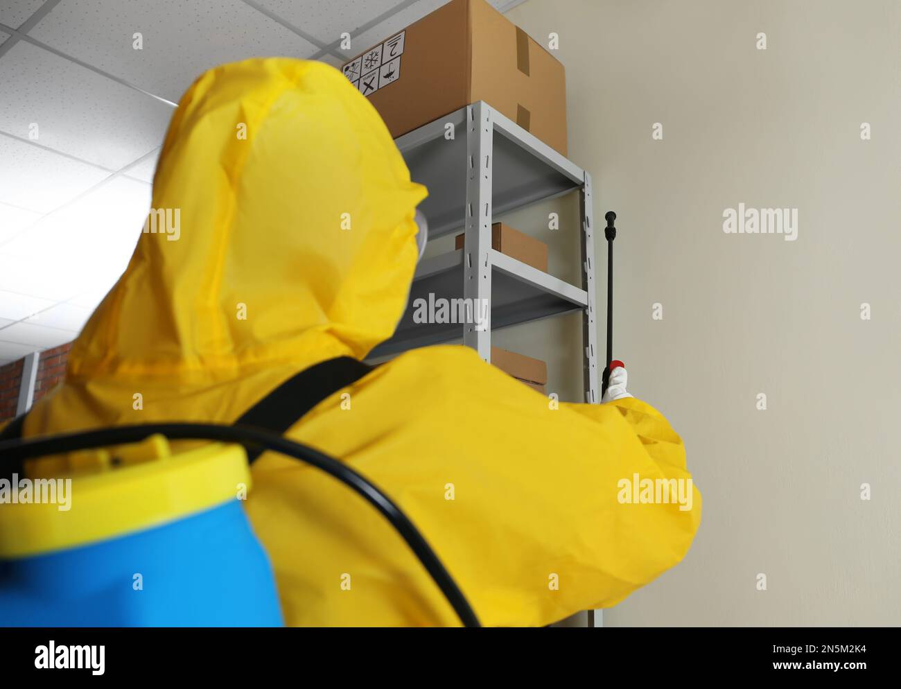 Pest control worker spraying pesticide on rack indoors Stock Photo - Alamy
