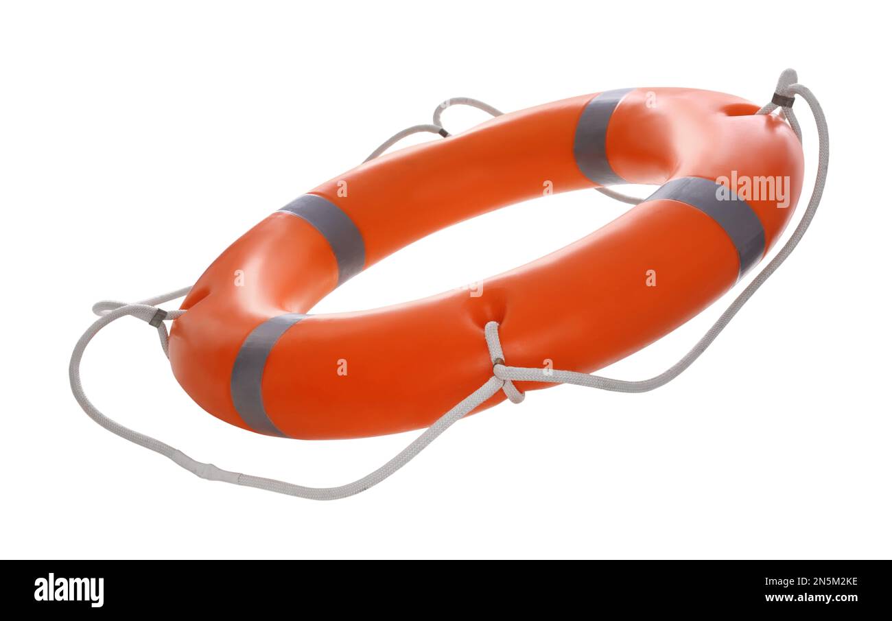 Orange lifebuoy isolated on white. Rescue equipment Stock Photo - Alamy