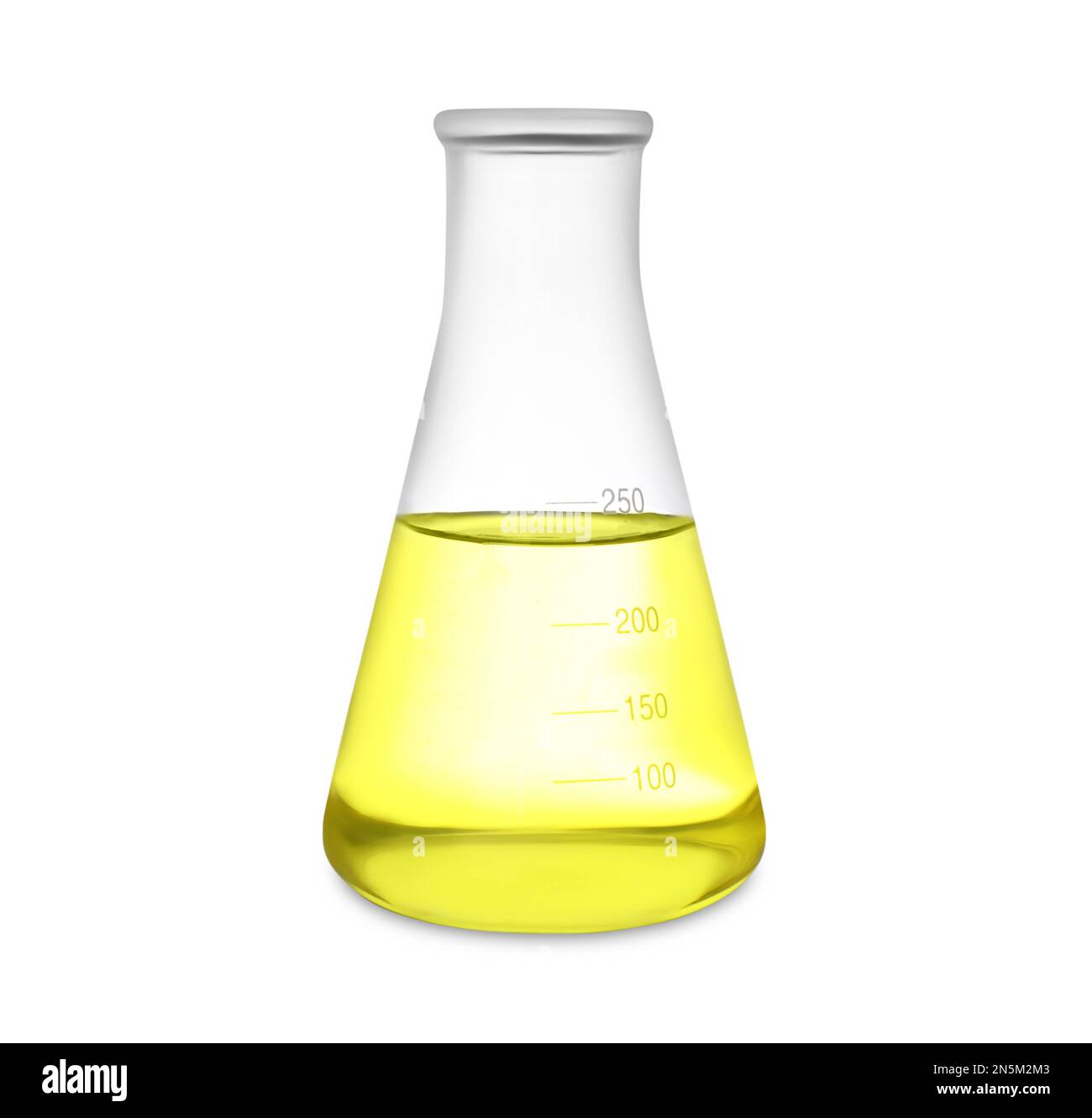 Conical flask with yellow liquid isolated on white Stock Photo - Alamy
