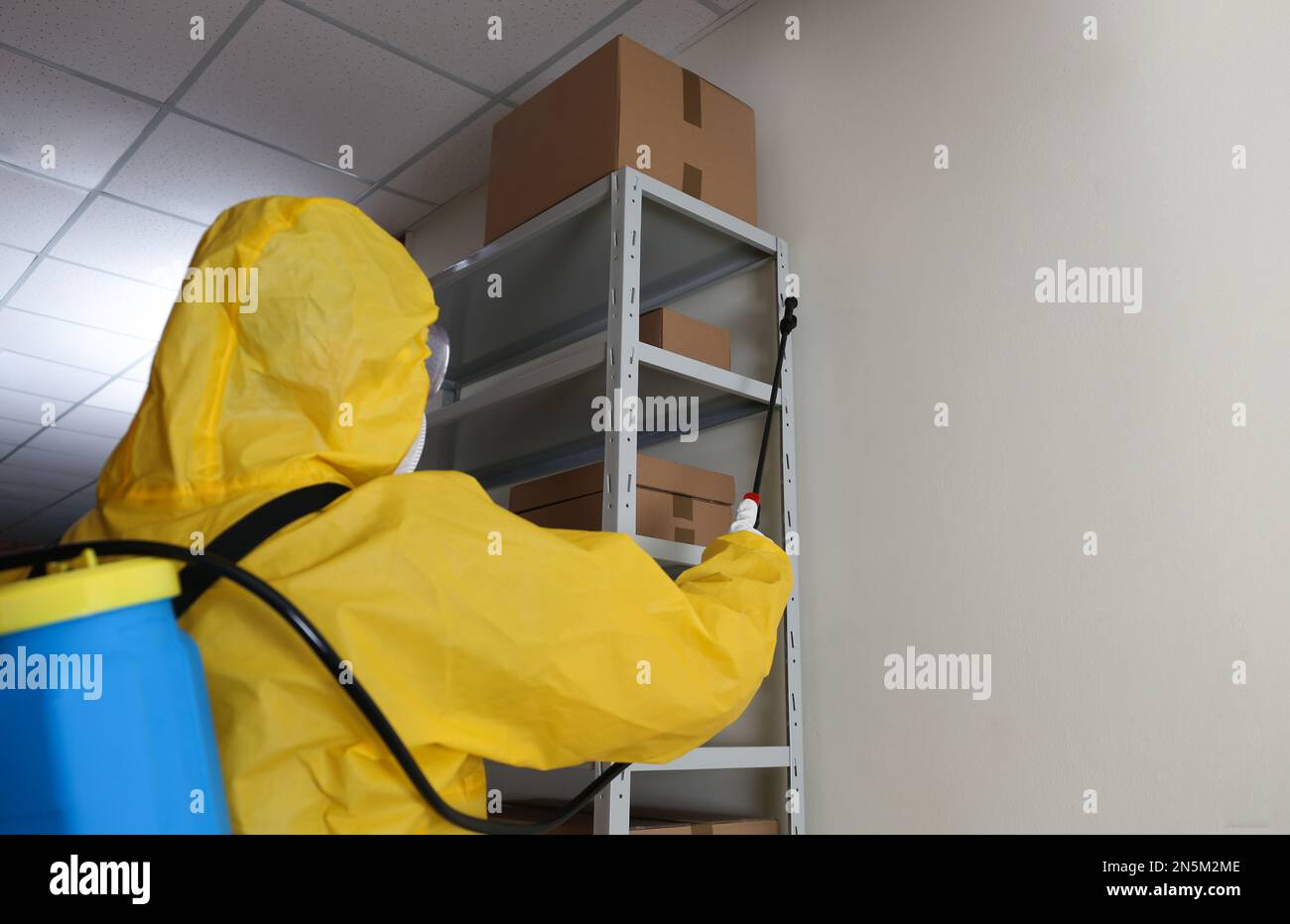 Pest control worker spraying pesticide on rack indoors Stock Photo - Alamy