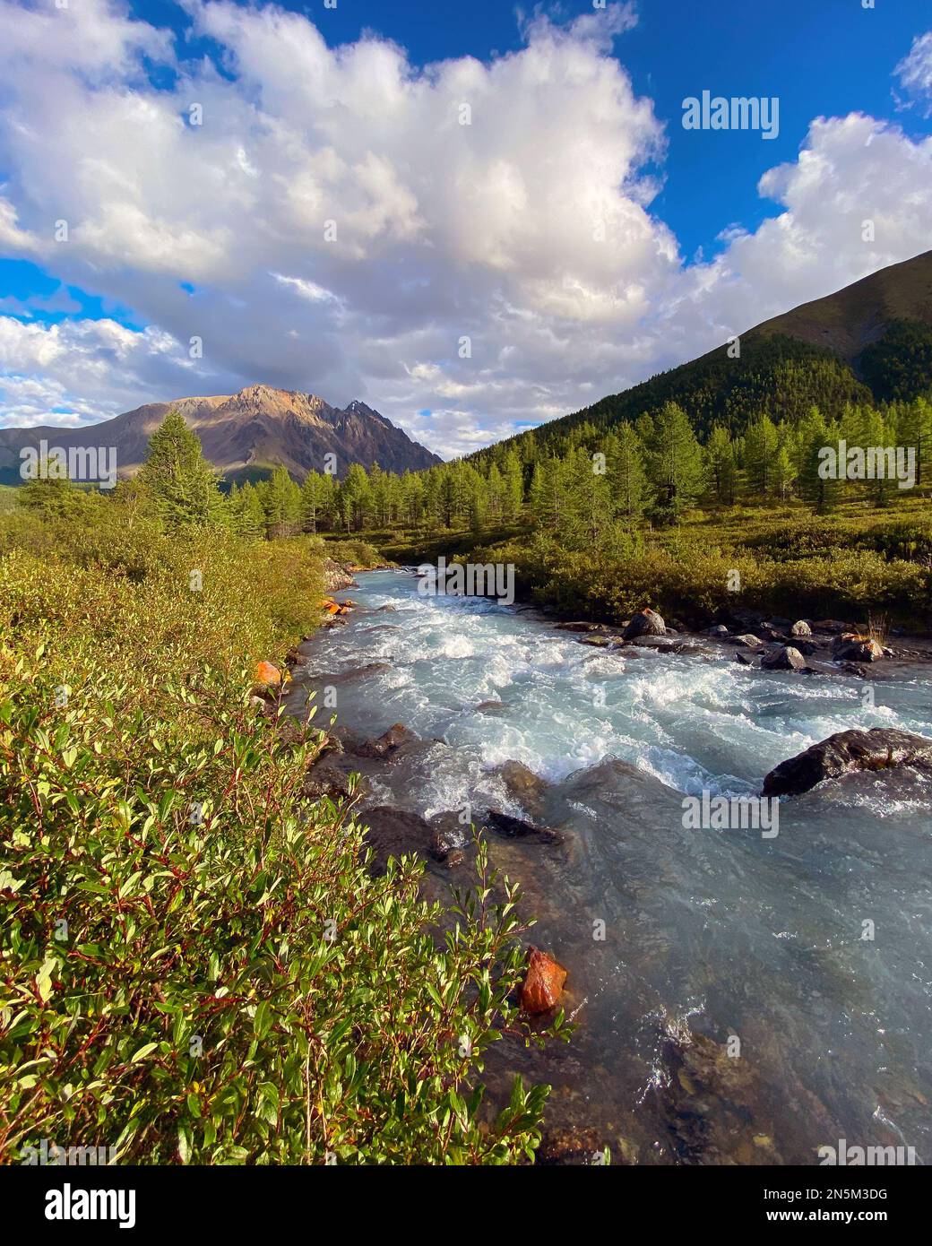 Alpine river with rifts in a mountain valley with high rocks among the ...