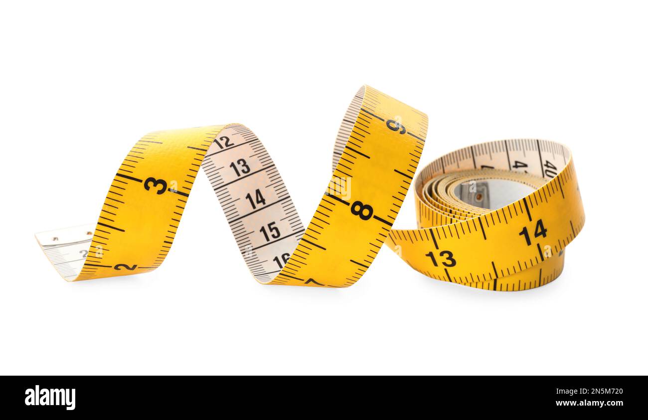 New yellow measuring tape isolated on white Stock Photo - Alamy