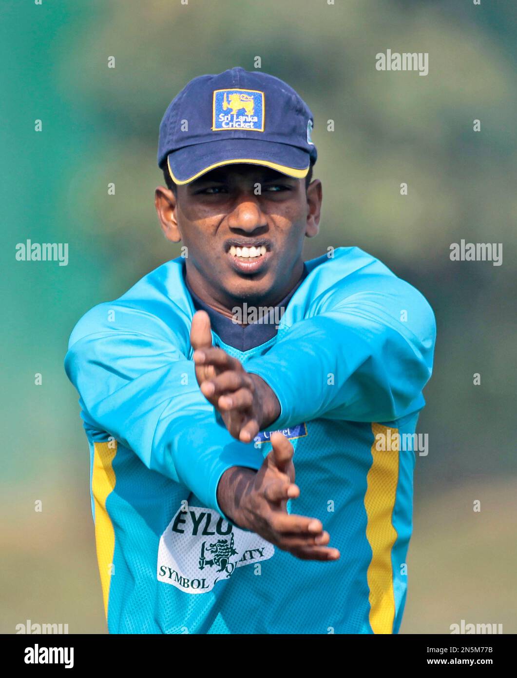 Sri Lankan cricket player Vishwa Fernando attends a practice session ...