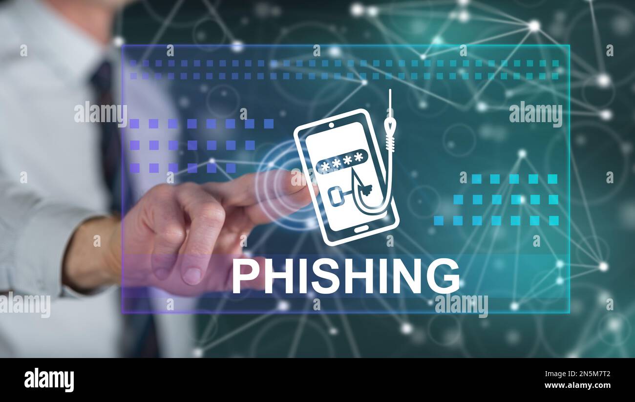 Man touching a phishing concept on a touch screen with his finger Stock ...