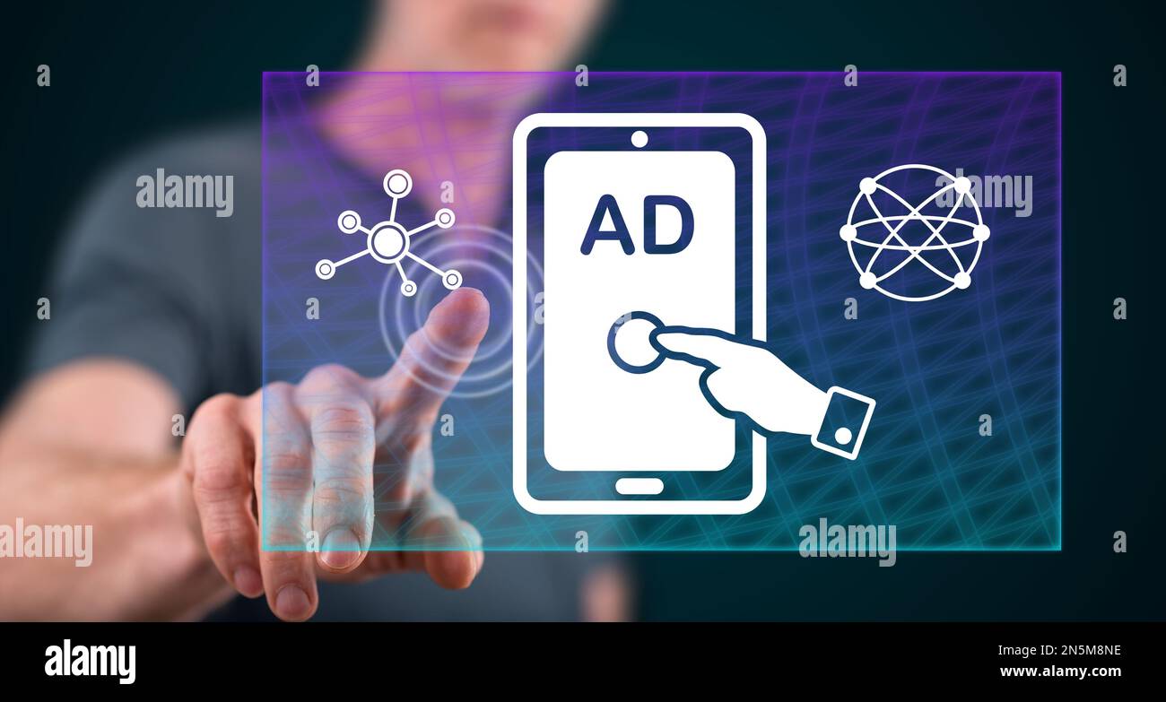 Man touching an advertising concept on a touch screen with his finger ...
