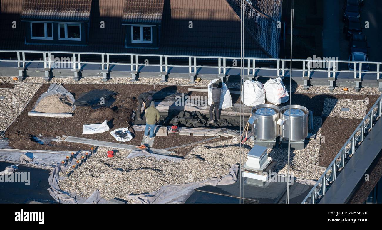 Birds eye view of a roof construction site. Professional placing of ...