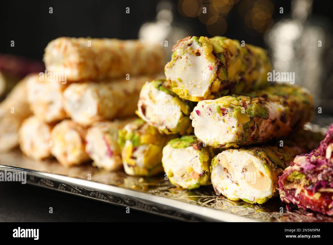 Turkish delight dessert on tray, closeup. Traditional sweet Stock Photo ...