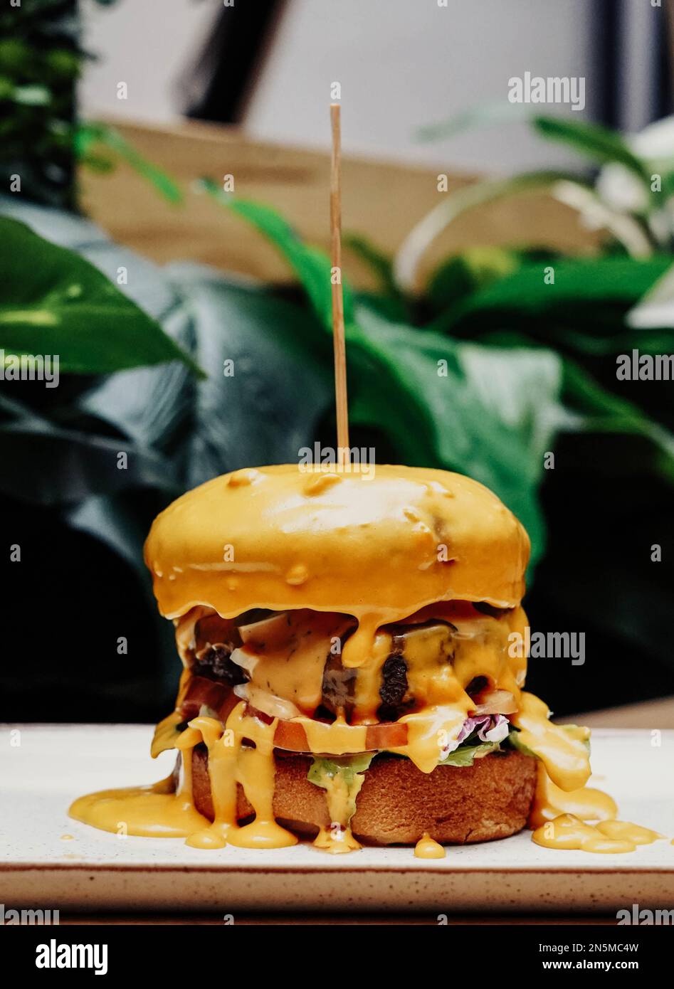 Tremendous double burger with extra cheddar cheese Stock Photo - Alamy