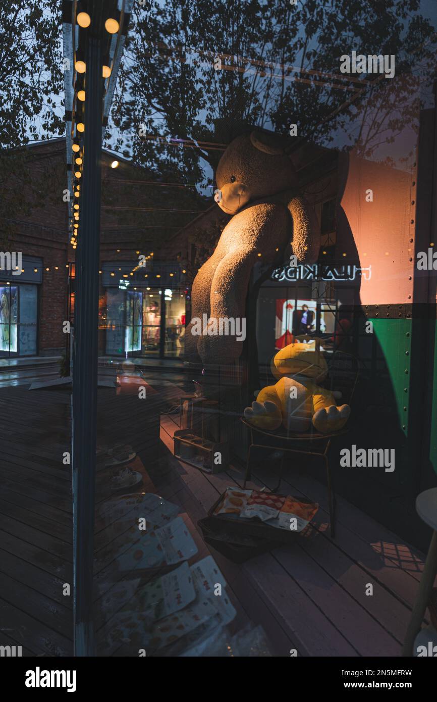 A vertical shot of the reflections of teddy bears through a window ...