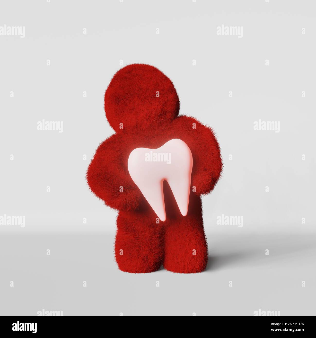 Cute furry Yeti monster holds red aching painful molar tooth 3D ...
