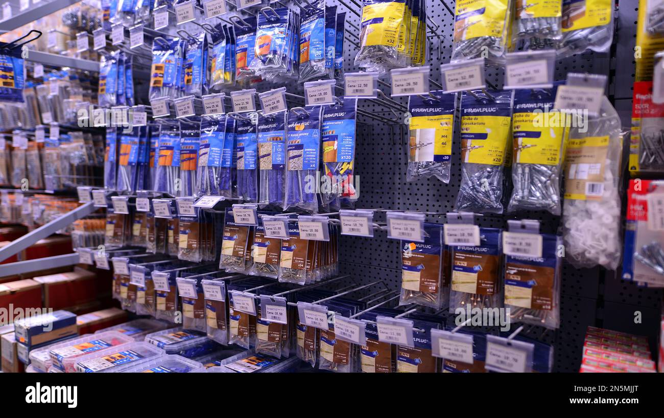 Warsaw, Poland. 9 February 2023. Building materials in a hardware store ...