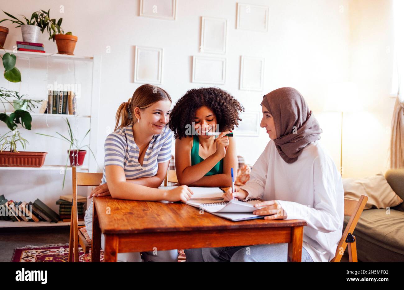 Three cute teenage girls do their homework. Caucasian, African American ...