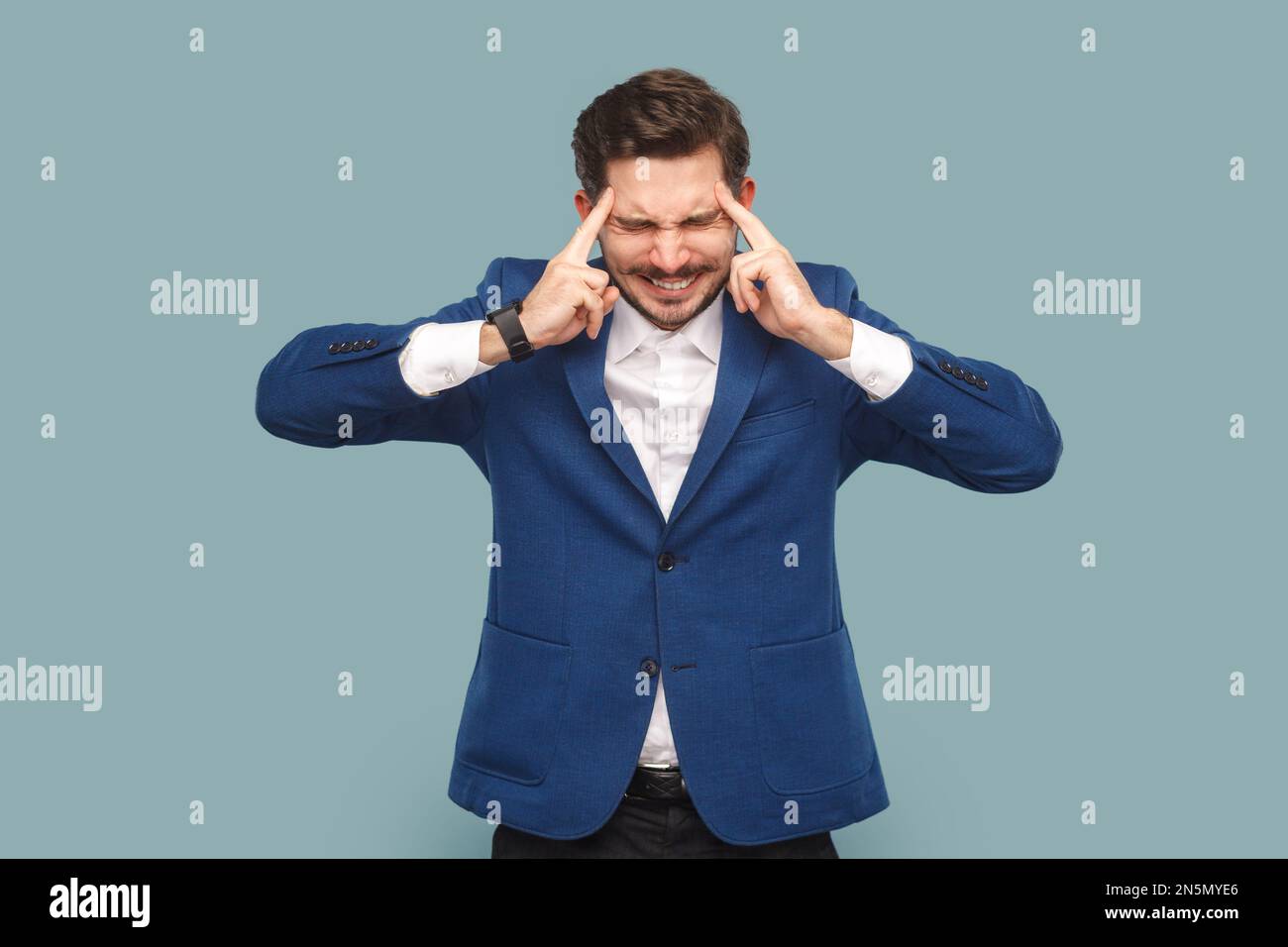 Sick ill frustrated man with mustache standing with hands on hand ...