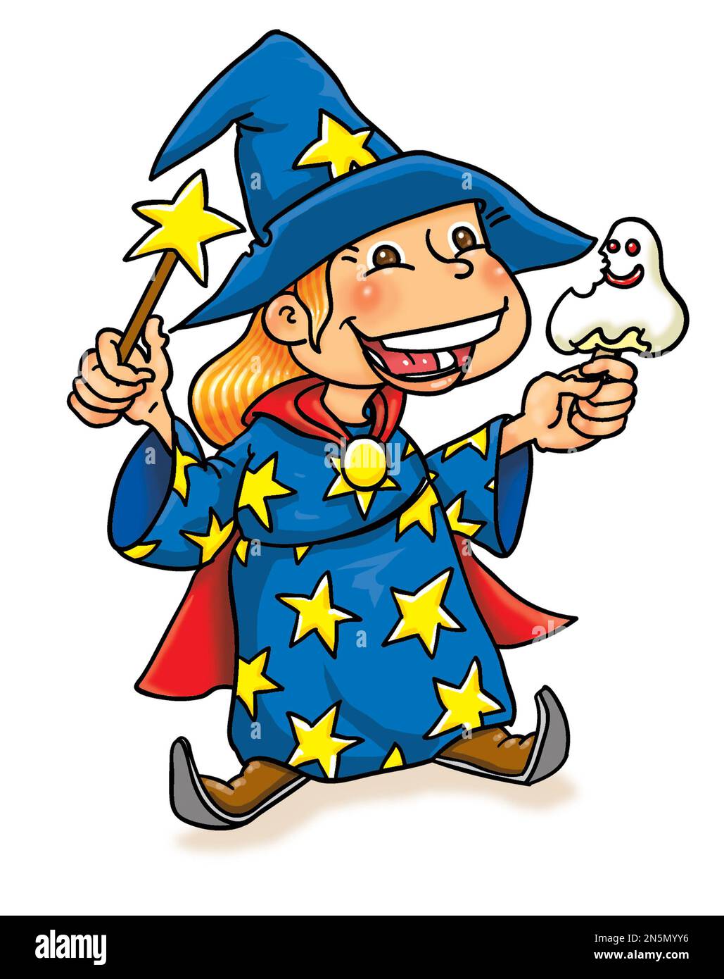 Cartoon art illustration young girl in fancy dress as wizard witch ...