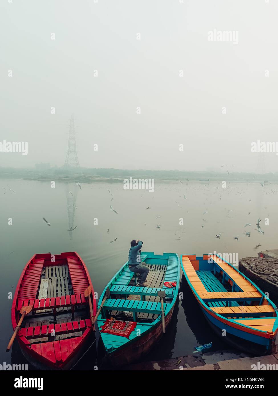 A vertical shot of colorful boats and seagulls flying over them and the ...