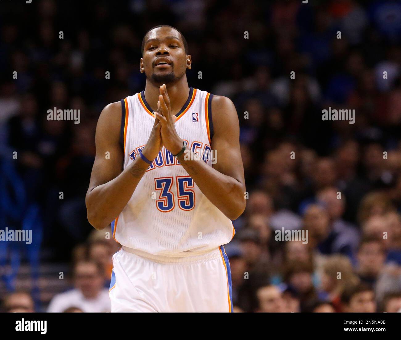 Oklahoma City Thunder forward Kevin Durant (35) gestures during an NBA ...
