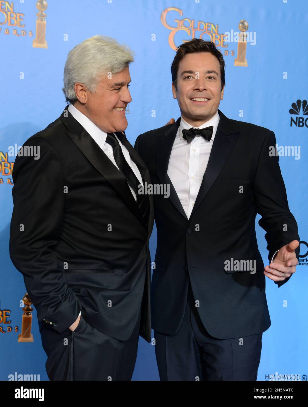 File- This Jan. 13, 2013, file photo shows presenters Jimmy Fallon ...