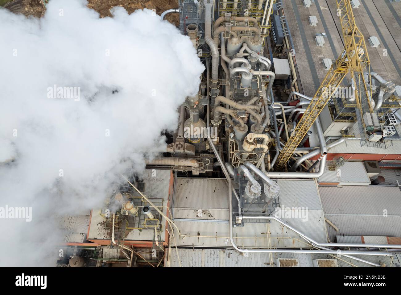 An aerial shot of the factory in Bipan producing wood panels, Udine ...