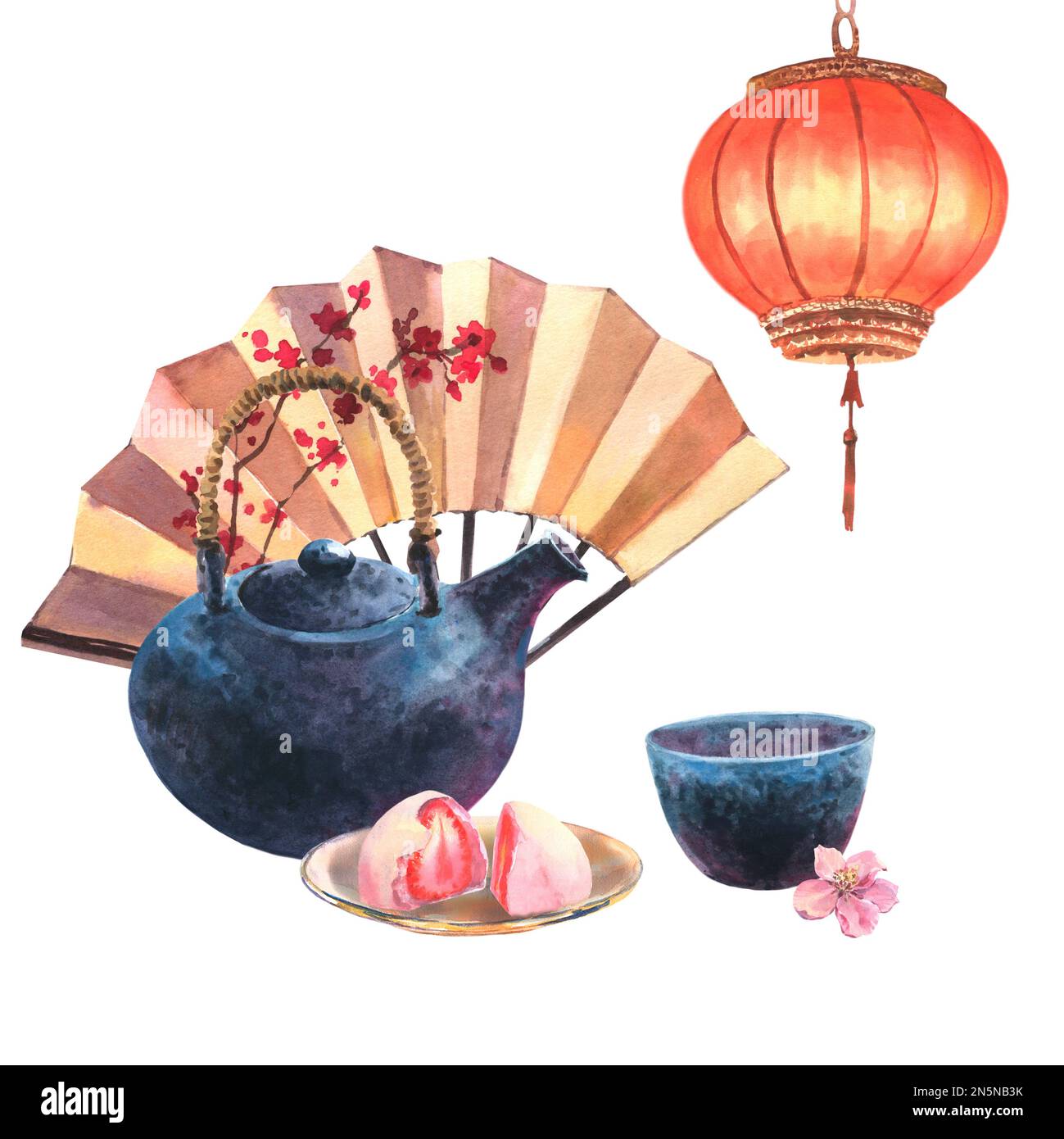 Watercolor asian tea set with dack blue teapot, blue cup of tea, desert ...