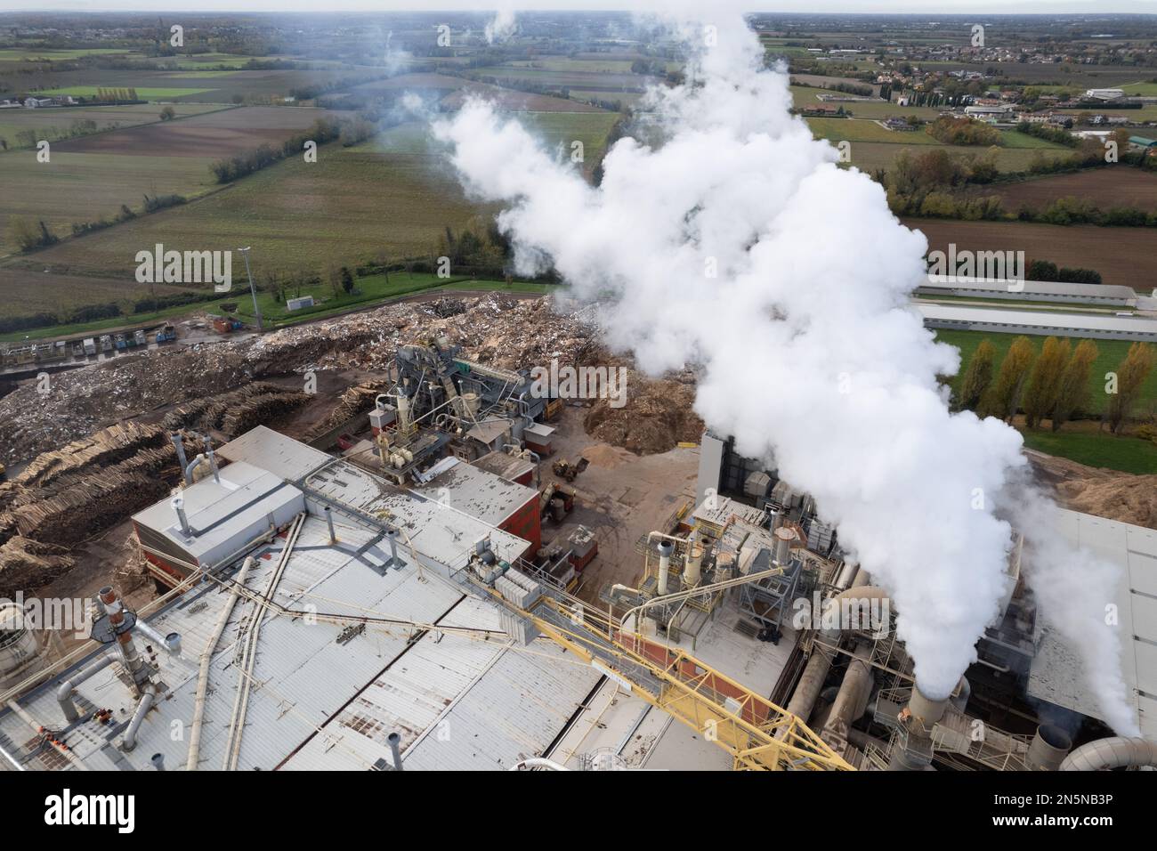 An aerial shot of the factory in Bipan producing wood panels, Udine ...