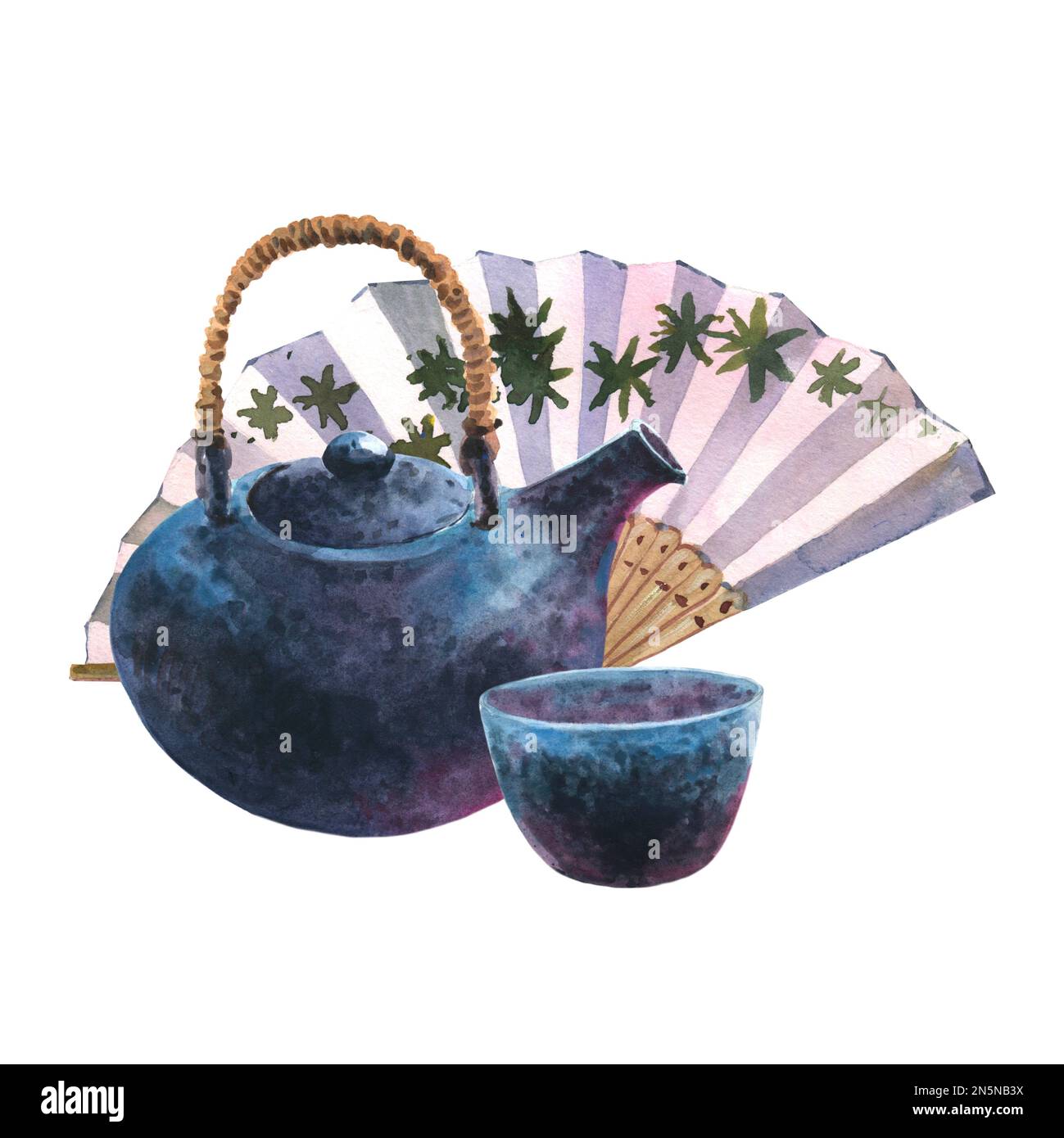 Watercolor asian tea set with dack blue teapot, blue cup of tea and fan ...