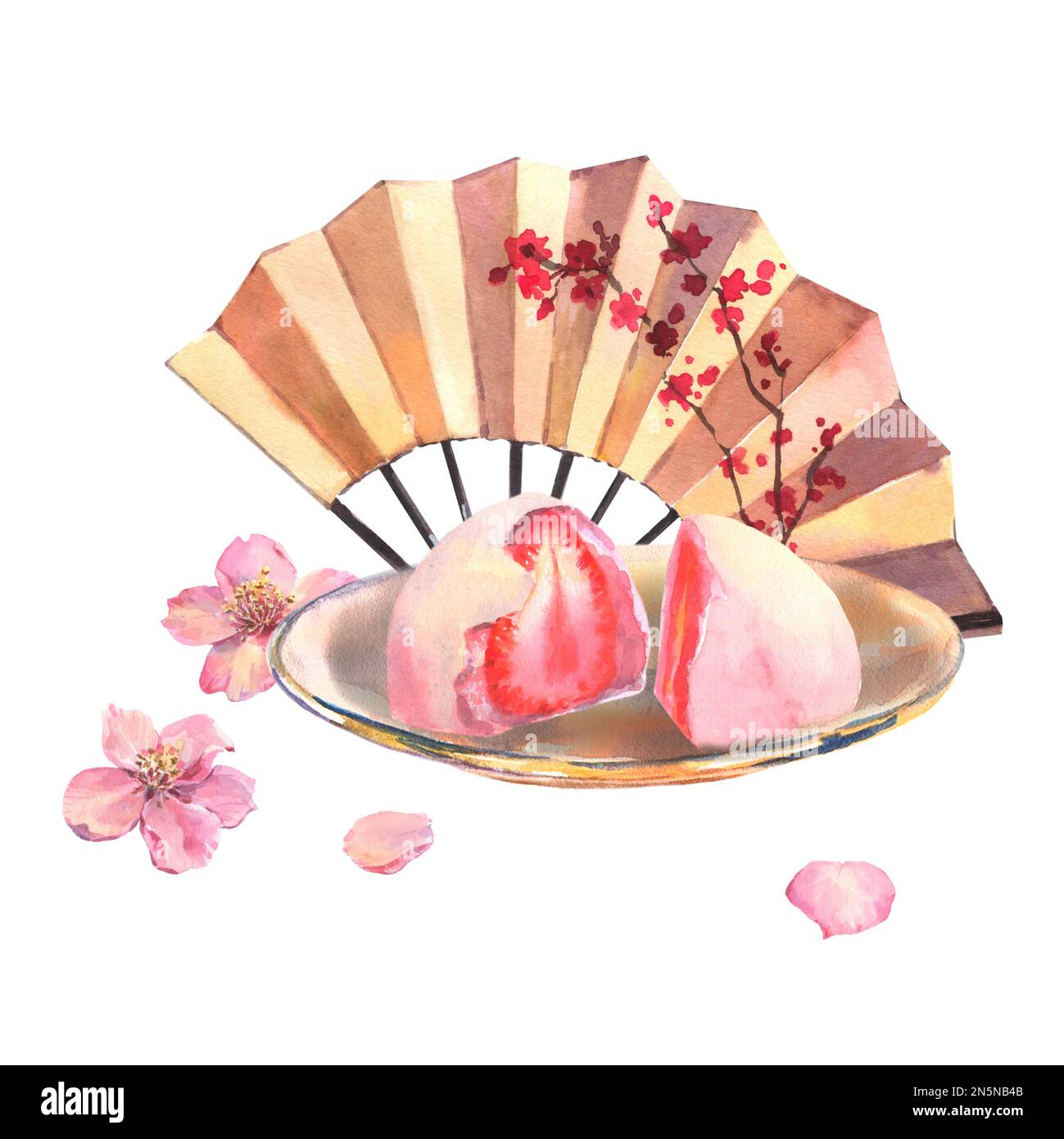 Watercolor japanese desert strawberry daifuku on glass plate and ...