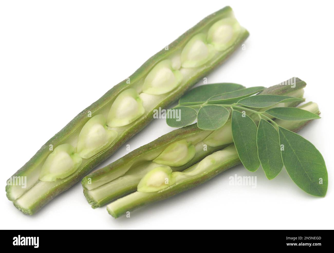 Edible moringa with fresh leaves over white background Stock Photo - Alamy