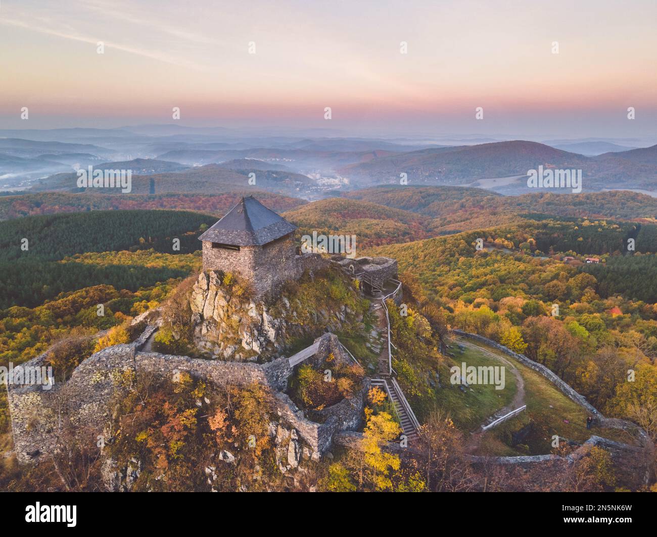Aerial view of Salgó Castle, located on the 625-meter high volcanic ...