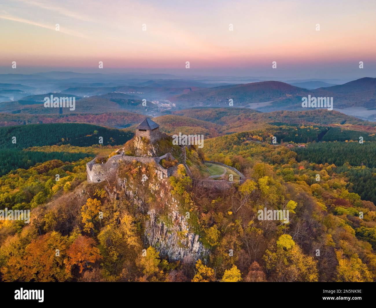 Aerial view of Salgó Castle, located on the 625-meter high volcanic ...