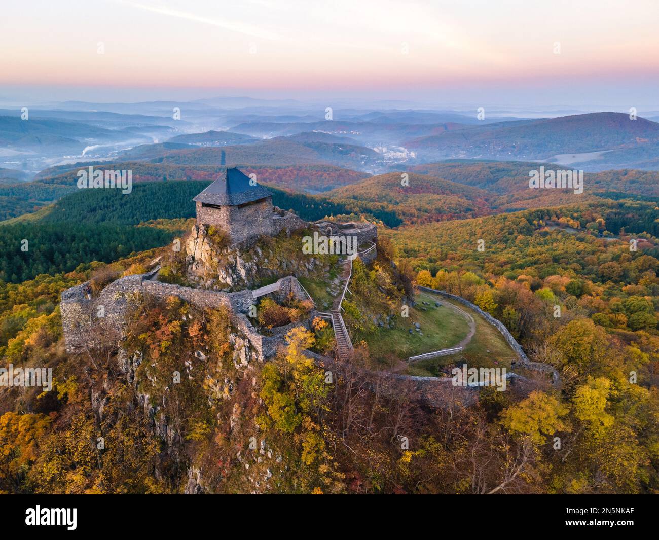 Aerial view of Salgó Castle, located on the 625-meter high volcanic ...